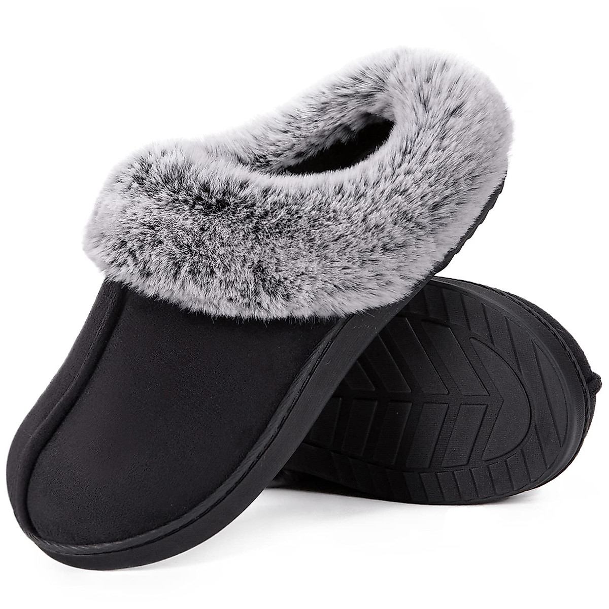 HomeTop Women's Classic Microsuede Memory Foam Slippers Durable Rubber Sole with Warm Faux Fur Collar (7-8 M, Black)