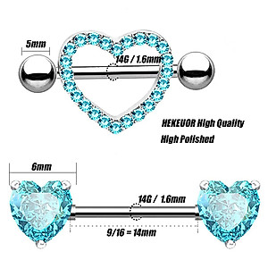 HEKEUOR 14G Surgical Steel Nipple Ring CZ Barbell Heart Shape for Women nippleshield Piercing Body Piercing (Blue (2Pairs))