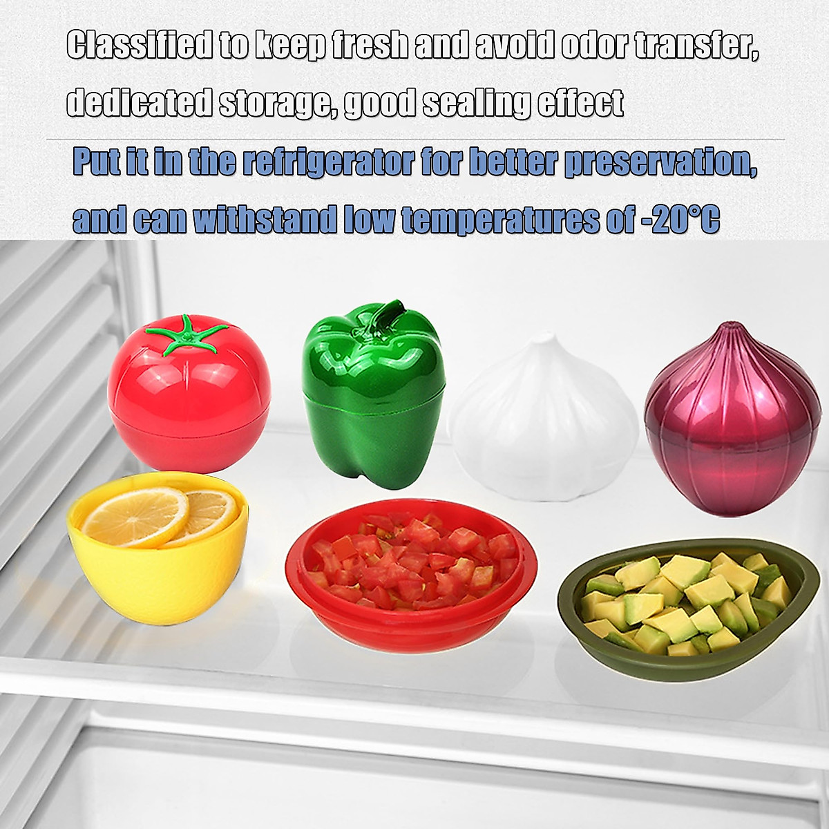 7PCS Fresh Food Savers Avocado Lemon Tomatoes Pepper Onion Garlic Shape Crisper Containers,Food Storage Containers with Lids,Reuseable Vegetable Fruits Sealing Box Fresh Bowls for Refrigerators