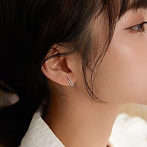 Reffeer Solid 925 Sterling Silver Bar Huggie Stud Earrings Hoops for Women Bar Half Hoop Earrings Open Hoops (A-Silver)