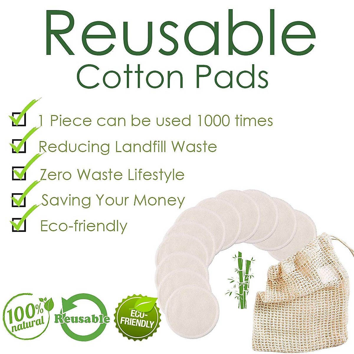 20PCS Reusable Makeup Remover Pads - Organic Bamboo Reusable Cotton Rounds with Laundry Bag, Washable Facial & Eye Makeup Cotton Pads