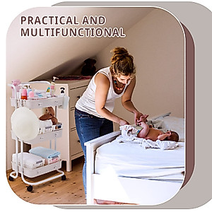 Tanlade Baby Diaper Cart Organizer 3 Tier Diaper Caddy Organizer with Wheels Baby Diaper Storage Organizer Nursery Cart Diaper Caddy with Baskets Hanging Cups Sticker for Crib Changing Table, White