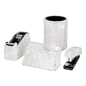 KEYPOWER Bling Crystal Luxury Handmade Diamond Pencil Pen Pot Holder & Stapler & Card Holder & Desktop Tape Dispenser Office Stationery Kit for Fashion Girls Women (White Round)