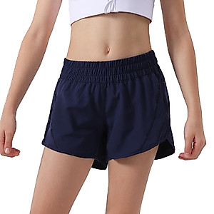 Aurefin Girls Athletic Shorts, Quick Dry Running Shorts for Kids Teen Girls Active Sports Track Shorts with Zip Pocket Liner Navy Blue/XS