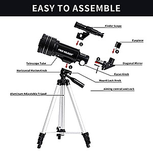 Telescope for Kids Adults Beginners - 70mm Aperture Refractor Telescope for Stargazing with Adjustable Tripod Phone Adapter Wireless Remote Perfect Christmas Astronomy Gifts for Kids, Black
