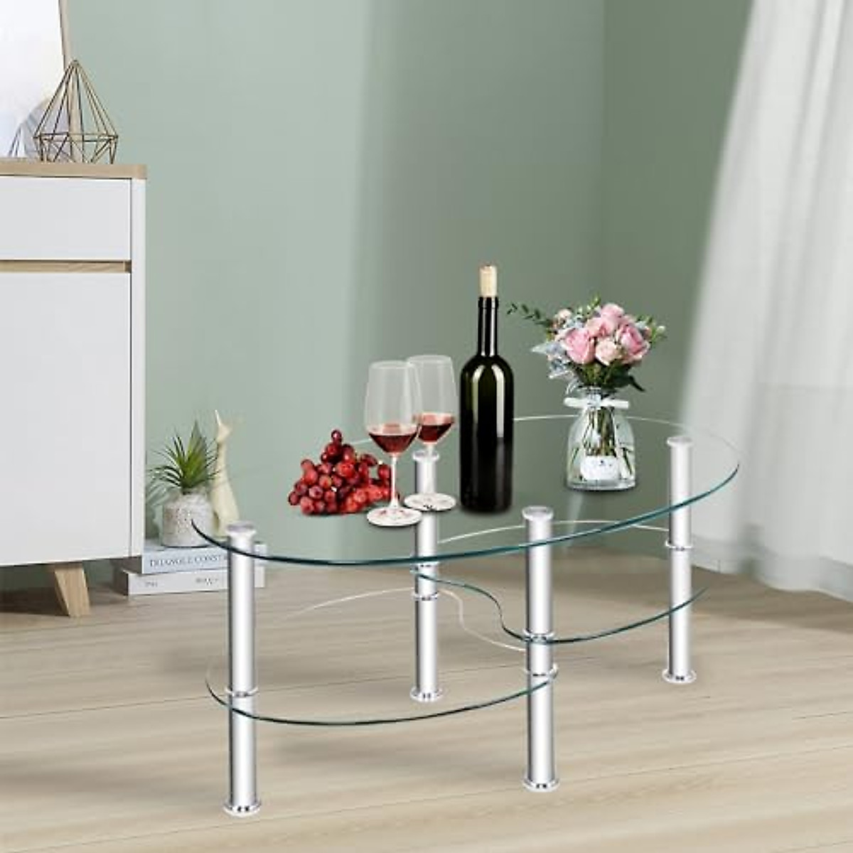 Glass Coffee Table, 3-Tier Oval-Shaped Glass Tea Table Modern Smooth Tea Table w/Spacious Glass Desk-Top Boards & Sturdy Chrome Plated Legs Home Office Reception
