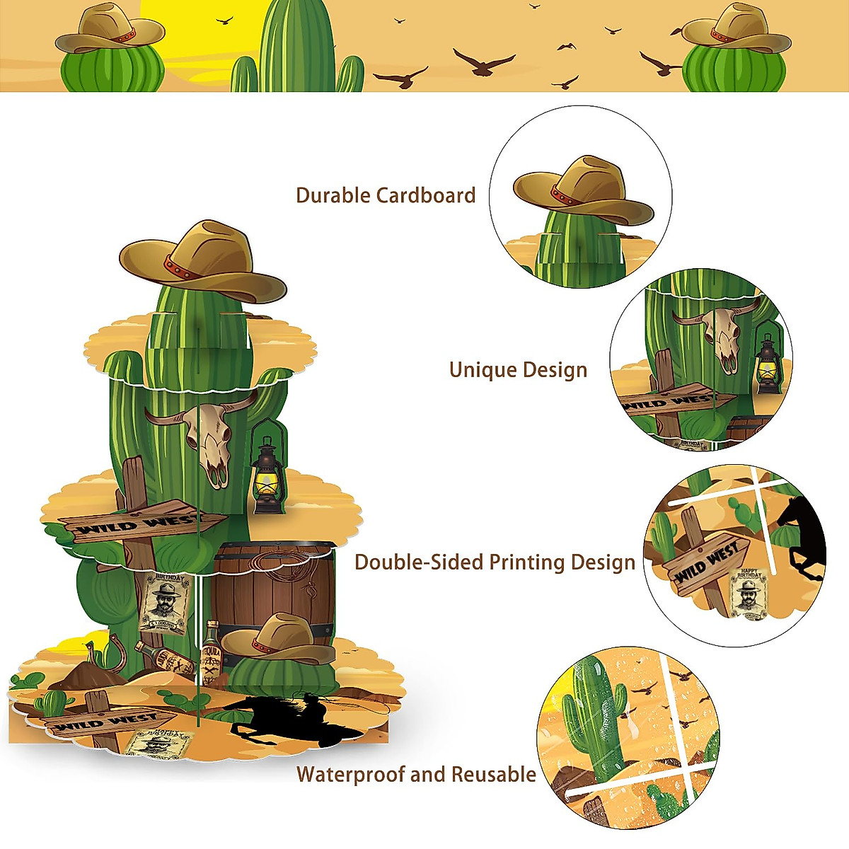 LXlucktim Western Cowboy Party Decorations Cupcake Stand, 3 Tier Cardboard Cowboy Cupcake Holders with 12pcs Cupcake Toppers and 12 Cupcakes Wrappers for Kids Wild Vest Birthday Party Supplies