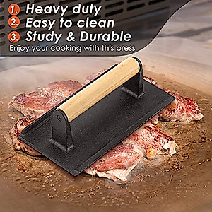 Bacon Hamburger Press for Griddle Flat Top Teppanyaki, HaSteeL Pre Seasoned 8 x 4In Cast Iron Grill Weight with Wooden Handle, Perfect for BBQ Steaks Pannis Sandwiches Meats - 1Pk