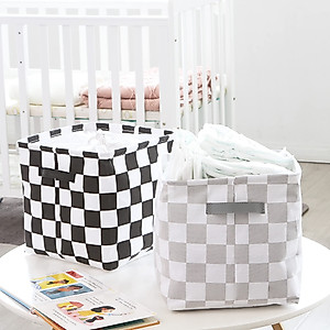 Hinwo 3-Pack Cubic Organizer Shelf Bins, Canvas Fabric Storage Baskets with Handles, 22L/5.8-Gal Square Storage Bins, Cubes, Collapsible Storage Box, 11 x 11 x 11 Inches (S, Black Checkerboard)