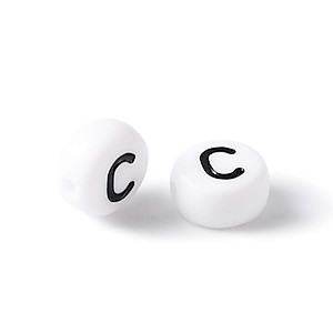 Pandahall 100Pcs Letter Beads 7x4mm White Flat Round with Letter C Acrylic Beads for Jewelry Making