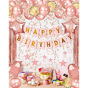 Lutoys Rose Gold Happy Birthday Party Decorations, Happy Birthday Banner, Rose Gold Foil Heart Star Confetti Balloons Curtain Backdrop Hanging Swirls Butterfly Party Decor for Girls Women Princess