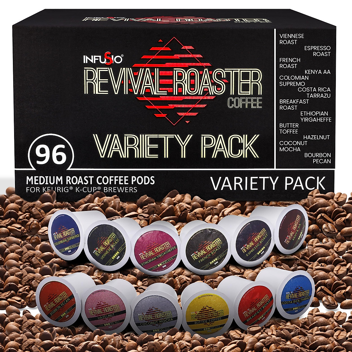 96 Count Coffee Variety Pack (12 amazing blends), Single Serve Coffee Pods for Keurig K Cup Brewers - InfuSio Revival Roaster Premium Roasted Coffee (Variety, 96 Compatible with 2.0)