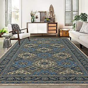 COZYLOOM 9x12 Area Rug Vintage Floral Rug Oriental Distressed Floor Carpet Indoor Plush Throw Carpet for Living Room Bedroom Home Office Low Pile Aesthetic Rug Non-Slip Fuzzy Shag Rug Blue