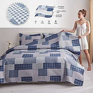 Bedspread Set Queen/Full Size Plaid Quilt Bedding Queen Grey Blue Patchwork Modern Lightweight Quilt Bedspread Home Reversible Coverlet-Soft Polyester 3 Piece Quilt Set Collection