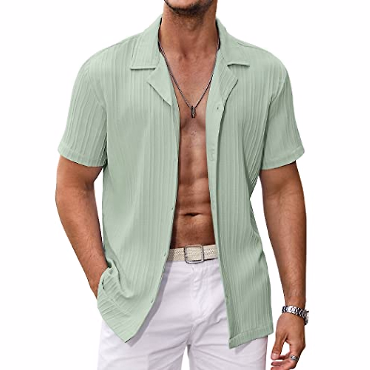 COOFANDY Men's Linen Shirts Short Sleeve Button Down Shirt for Men Fashion Summer Beach Shirt, Light Green, L