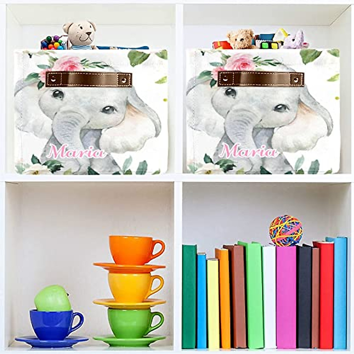 Pink Elephant Floral Personalized Storage Basket ,Custom Storage Bins Cubes Organizer with Handle for Bedroom Wardrobe,Nursery,Basket 1 Pack