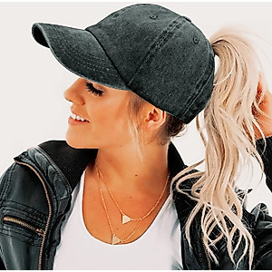 29 IYEBRAO Womens Ponytail Baseball Cap Messy Bun Ponycap Washed Cotton Sport Hat Adjustable Dad Hat Trucker Cap Low Profile Hat (2 Pack-Washed-Classic-Black&Burgundy)