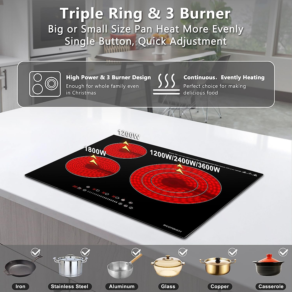 Electric Cooktop 24 Inch, ECOTOUCH Built-in Electric Stove Top 3 Burner Cooktops, ETL & FCC Certificated Glass Radiant Electric Stovetop 6600W, Upgraded 16 Power Levels, 220-240V for Hard Wire