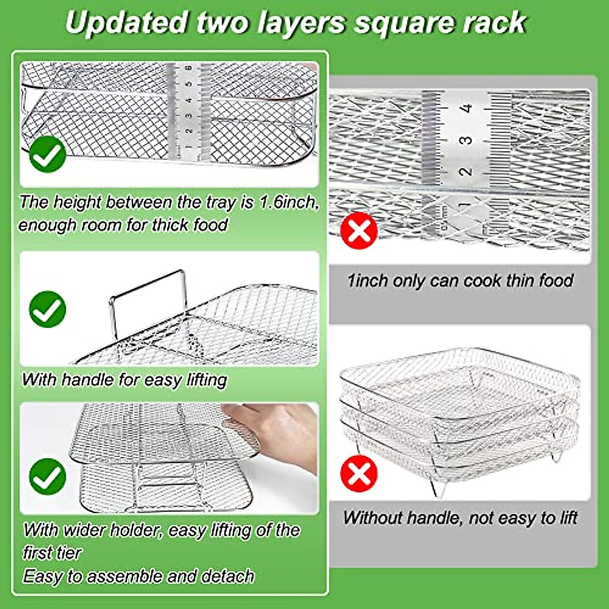 BYKITCHEN Square Air Fryer Rack for Cosori, Instant Vortex, Nuwave Air Fryer, 2pcs 8 inch Stackable Multi-Layer Stainless Steel Dehydrator Rack, Ninja Foodi Grill Square Air Fryer Accessories