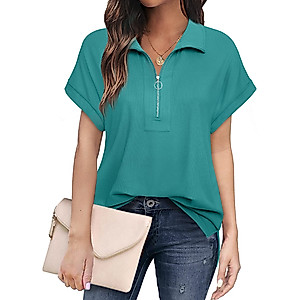 Vivilli Dressy Tops for Women Summer Blouses for Women 2024 Collared Shirt for Women Short Sleeve Shirts Womens Fashion Blouses Tops V Neck Drop Shoulder Polo Tee Shirts for Work Office Dark Green L