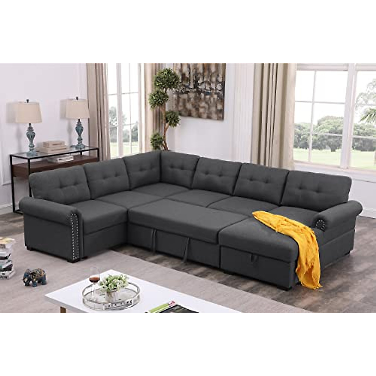 Springfavor 6 Seat Pull Out Couch Sectional Couches for Living Room with Storage Chaise Lounge, U-Shaped Modern Sofas & Couches with Nail for Department/Home/Office