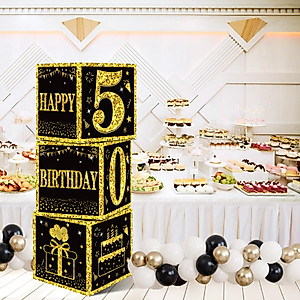 Eiurteao 3pcs 50th Birthday Decorations Boxes for Men Women, Black Gold Happy 50 Birthday Balloons Boxes Party Supplies, 50 Year Old Bday Theme Cardboard Box