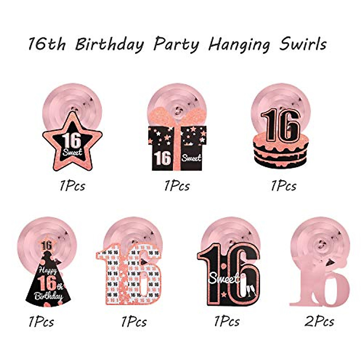Excelloon 16th Birthday Decorations, 8Pcs 16 Foil Hanging Swirls, Sweet 16 Birthday Hat Cake Present Star Decorations, Happy 16th Birthday Party Supplies (Rose Gold)