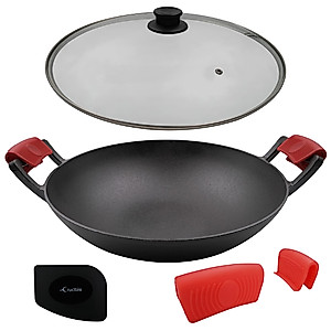 Crucible Cookware 14-Inch Cast Iron Wok Set (Pre-Seasoned), Glass Lid & Silicone Hot Handle Holders