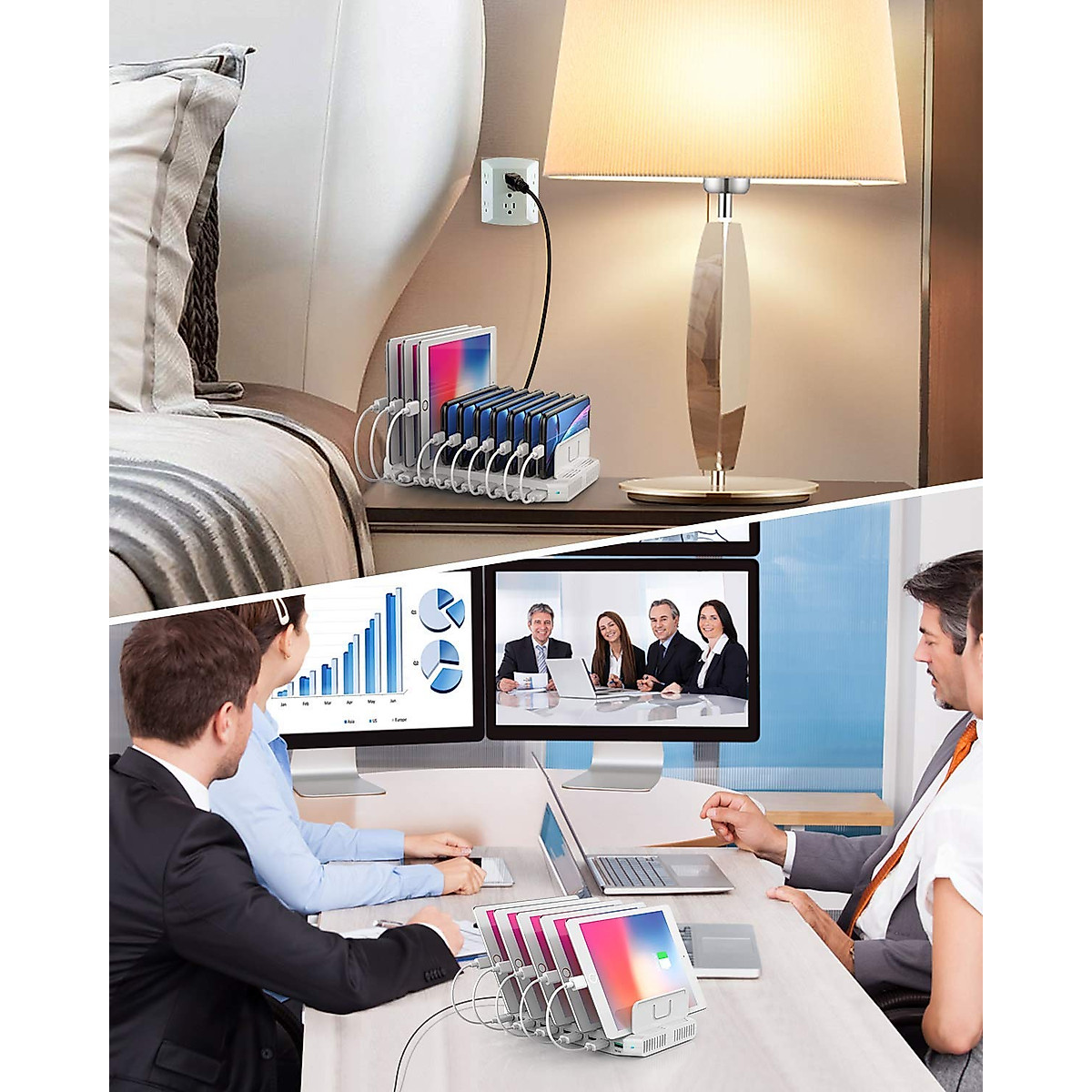 [Bundle] 4-Port USB 3.0 Hub Long Cable 48-inch with Micro USB Charging Port & QC3.0 Charging Station for Multiple Devices