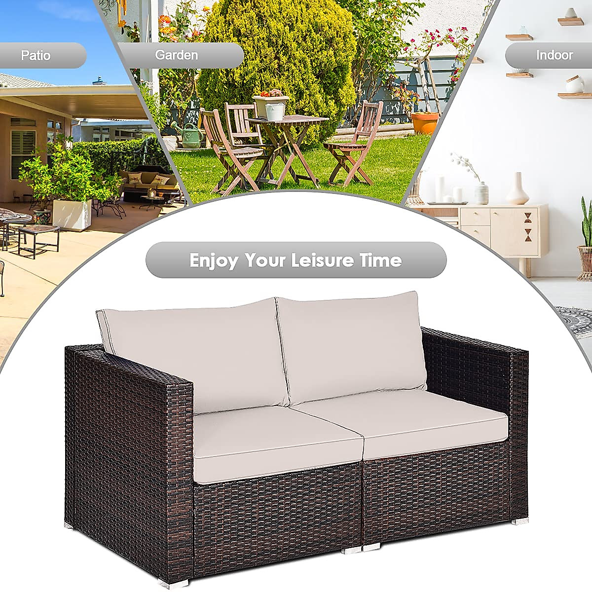 HAPPYGRILL 2 Pieces Patio Sofa Set Rattan Wicker Corner Sofa Set with Zippered Cushions for Backyard Balcony Porch Garden Poolside