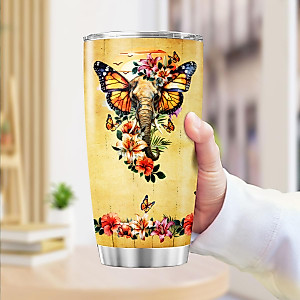 HUBUPU Elephant Gifts, Flower Butterfly Floral, Tumbler 20 Oz With Lid And Straw, Elephant Inspiring