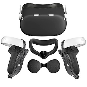 Relohas Accessories for Oculus/Meta Quest 2, Touch Controller Grip Cover, Front Face Protector Cover, Silicone Face Cover with Lens Protective Cover, Protect Your VR in All Aspects(4PCS, Black)