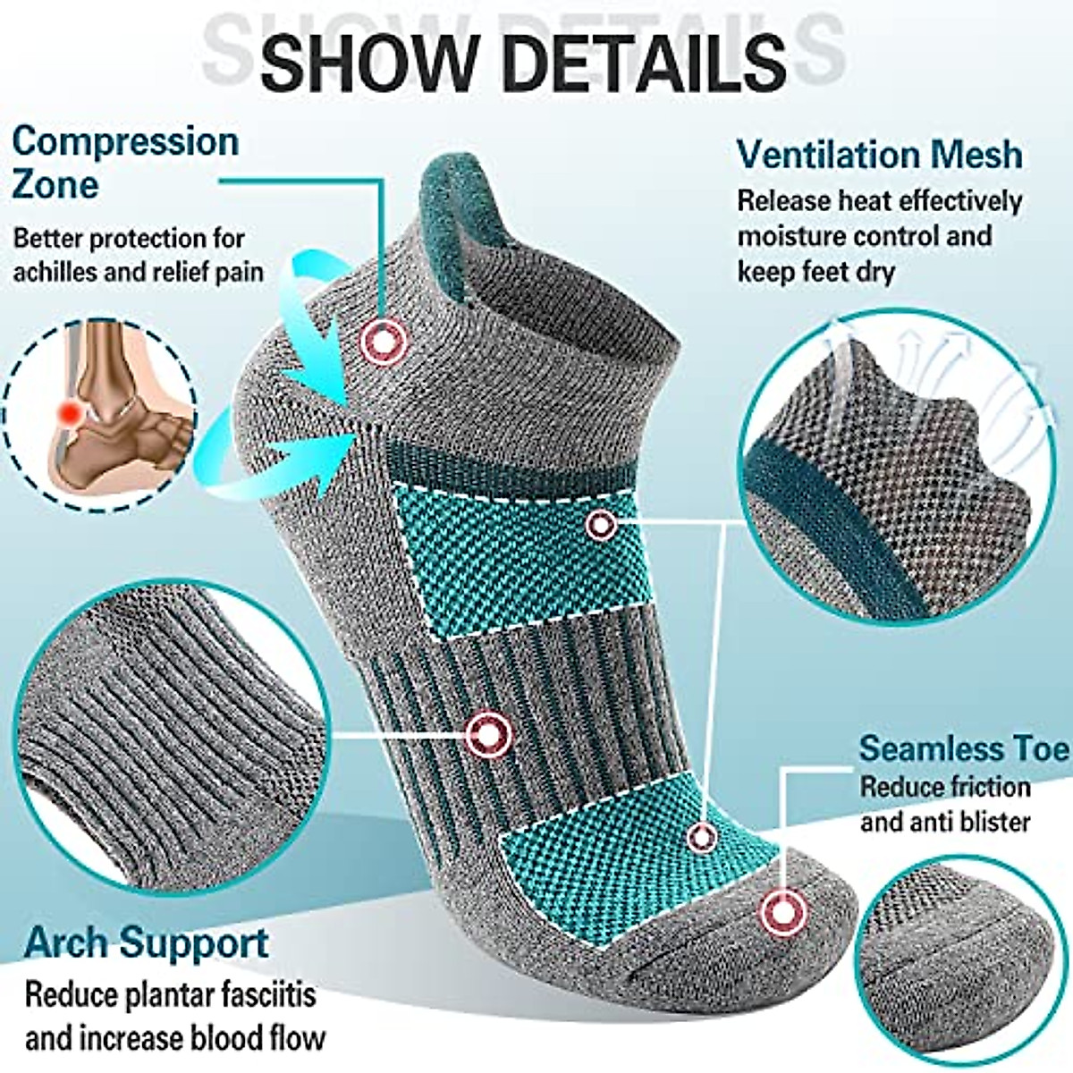 Merino Wool Ankle Hiking Socks Compression Warm Thermal Winter Thick Cushion Running Moisture Wicking No Show Socks Gifts Stocking Stuffers for Women Men 6 Pairs(Color Mix,L)