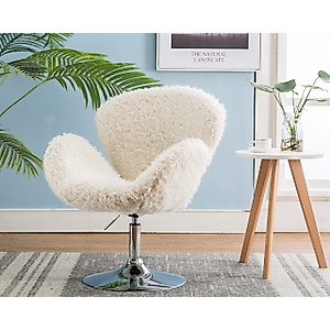 CIMOO White Makeup Vanity Chair, Swviel Furry Home Office Chair with Wheels Arms, Fluffy Accent Chair for GirlsTeens Bedroom Living Room, Cream Curly Fur