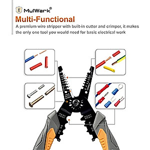 MulWark 8" Heavy Duty Multi-Purpose Electrical Wire Stripping Tool (22 AWG - 8 AWG) Strippers, Snips, Crimpers & Pliers Insulated with Cutter, Best Tool For Professional Electrician - Upgraded