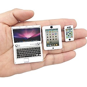 3 Pack Dollhouse Mini Laptop Tablet and Smart Phone Scene Computer Simulation Accessories for Doll 1/6 1/12 Miniatures Silver