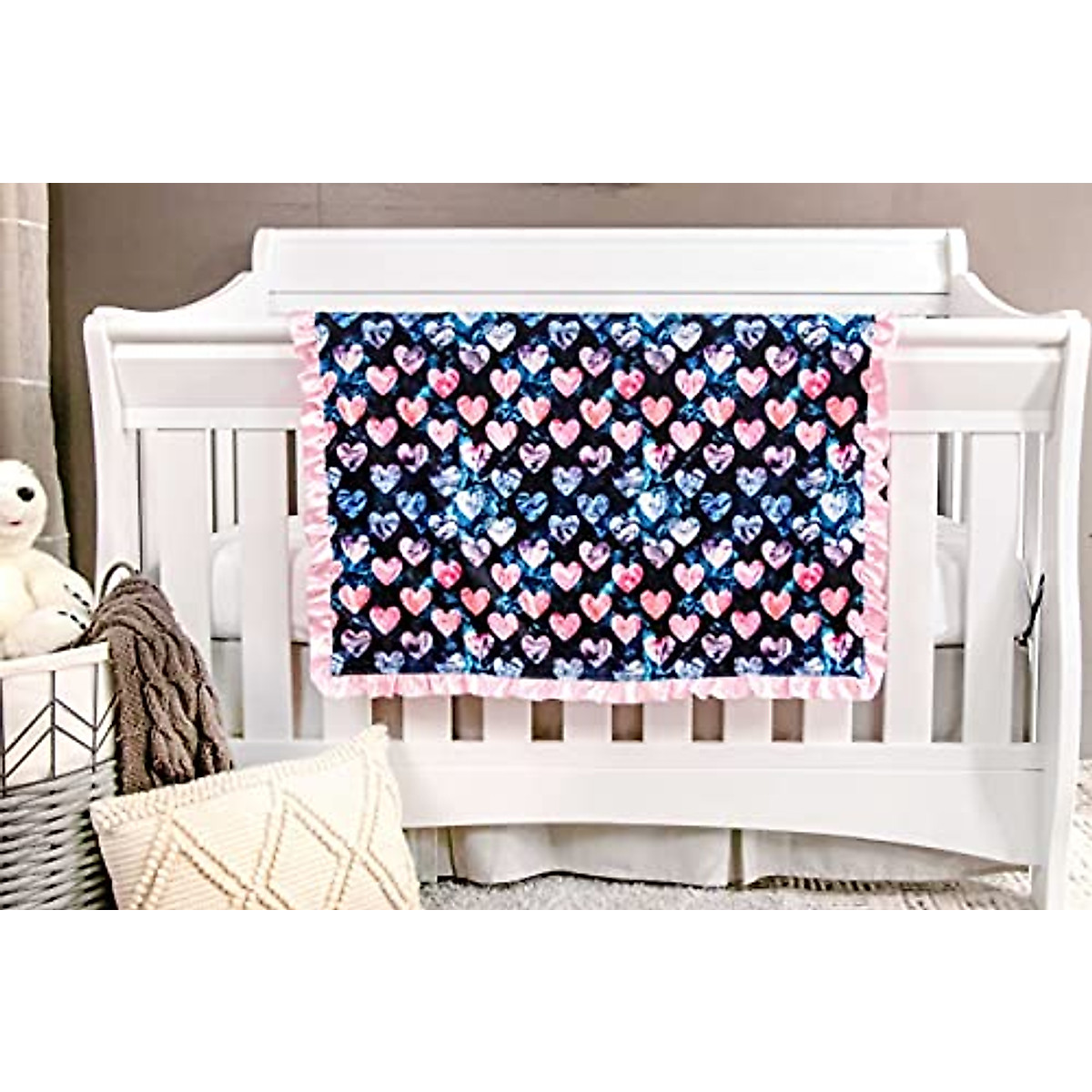 Top Tots Baby Blanket - Small Colored Hearts with Pink Minky Dot & Satin Ruffle, 31 x 31 Inch Blue