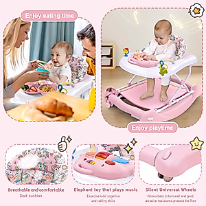 5 in 1 Foldable Baby Walker, Activity Baby Walker-Baby Bouncer, Rocker, Activity Center,Seat and Push Walker,Detachable Trampoline Mat, Adjustable Speed Rear Wheels and Height,Ages 6-18 Months(Pink)