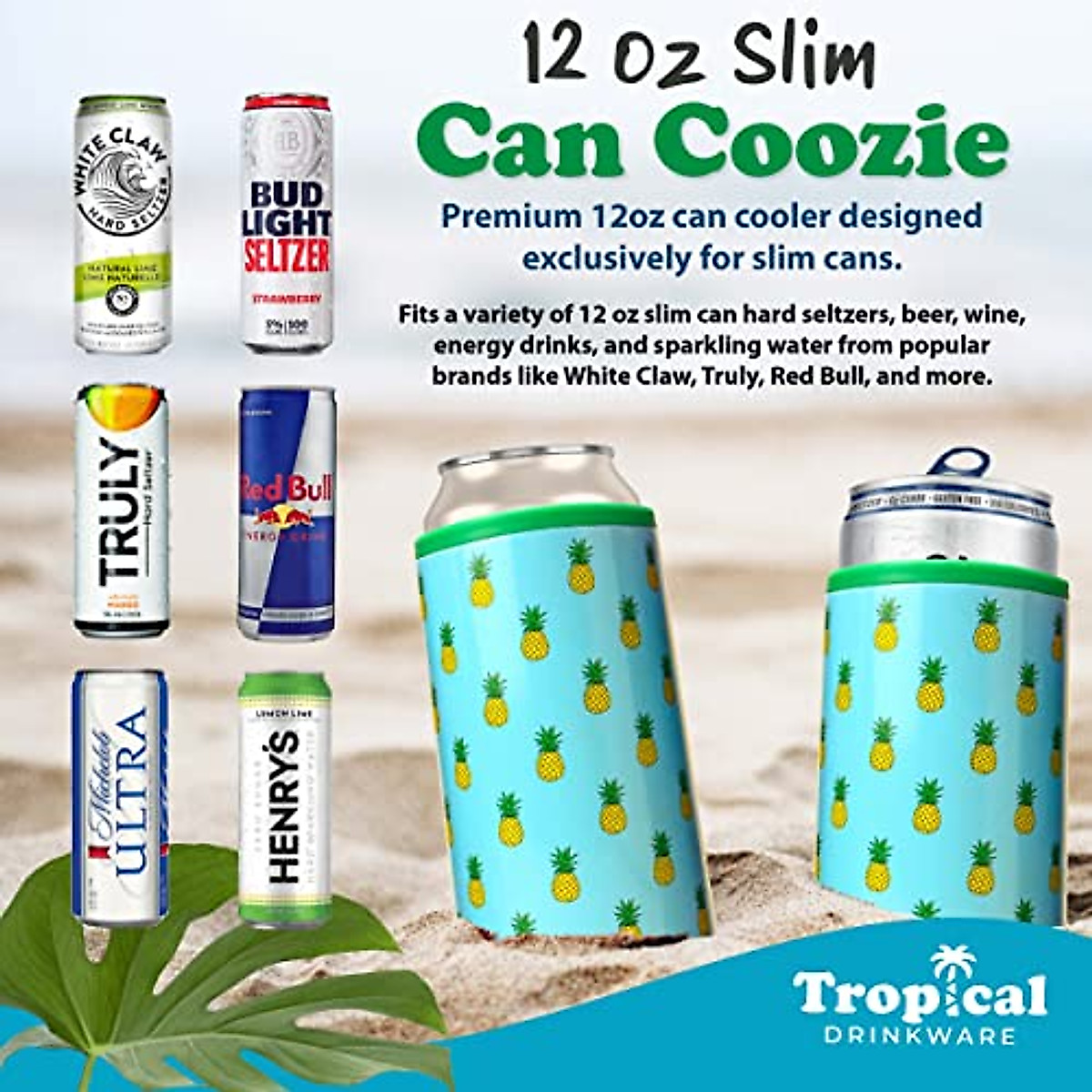 Tropical Drinkware -1 Slim Can Coozie - Insulated Slim Can Cooler for Tall Skinny Beer Cans - 12oz Truly Hard Seltzer Coozie Insulator - Metal White Claw Can Coozie