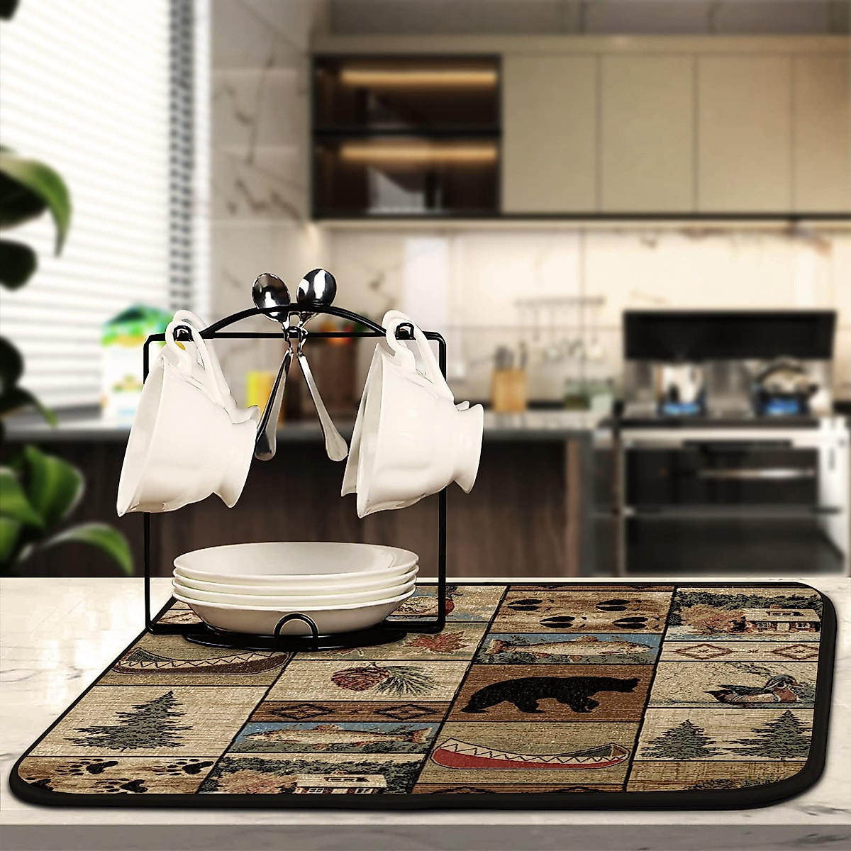 Rustic Cabin Lodge Bear Tree Dish Drying Mat for Kitchen Countertop, Absorbent Dishes Drainer Fast Drying, Drying Mat 18 X 24 Inch