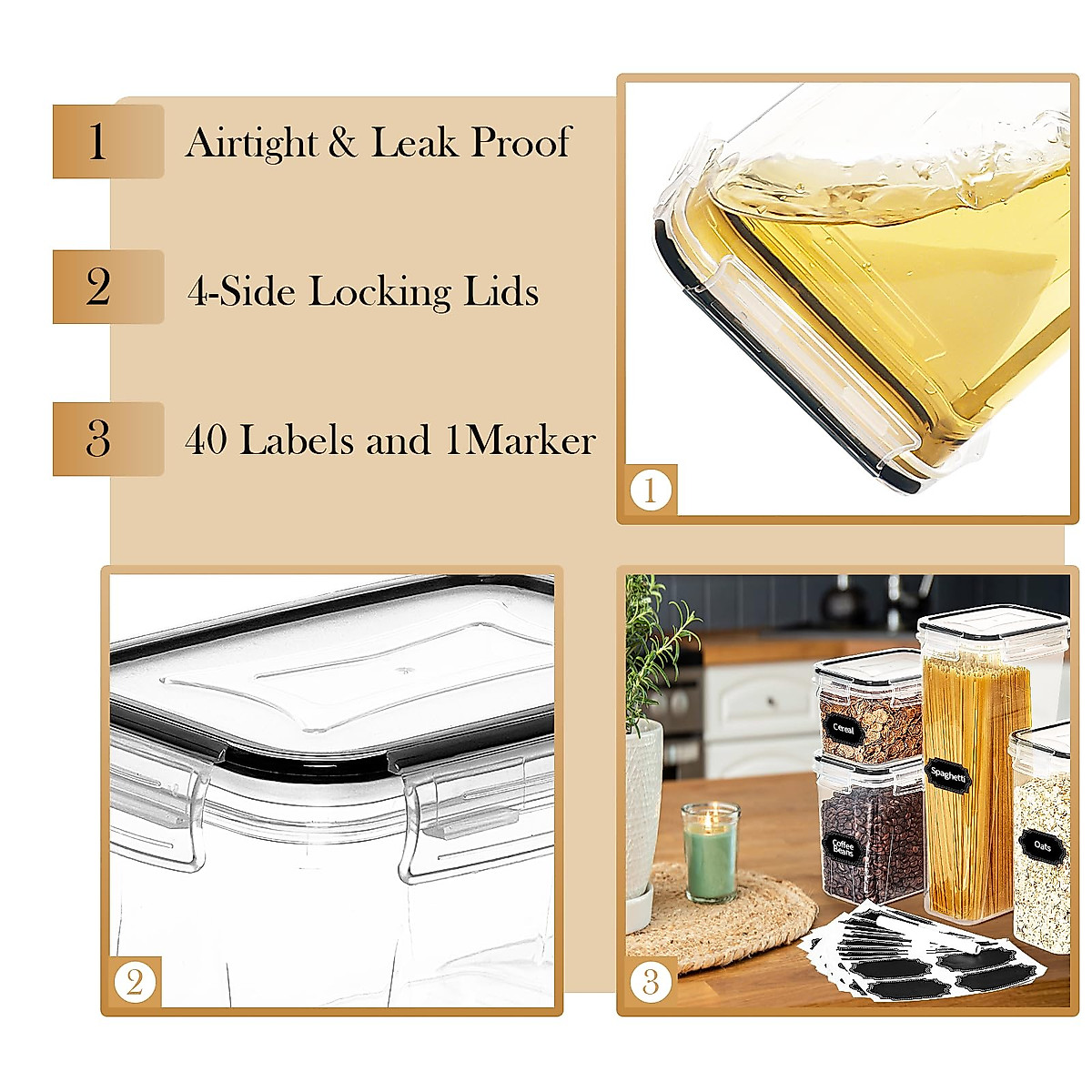 Skroam 32 PCS Airtight Food Storage Containers with Lids, Kitchen and Pantry Organizers and Storage, BPA Free, Plastic Food Storage Canisters for Flour, Sugar, and Cereal, Labels & Marker