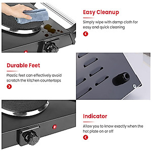 Moclever Hot Plate Portable Electric Stove Countertop Single Burner with 5 Temperature Adjustments & Stay Cool Handles, 1000W Electric Cooktop for RV/Home/Camp, Compatible for All Cookwares