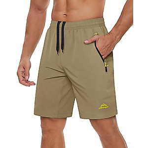 TACVASEN Athletic Shorts for Men Lightweight Quick Dry Running Gym Basketball Hiking Khaki Short with 3 Zipper Pockets