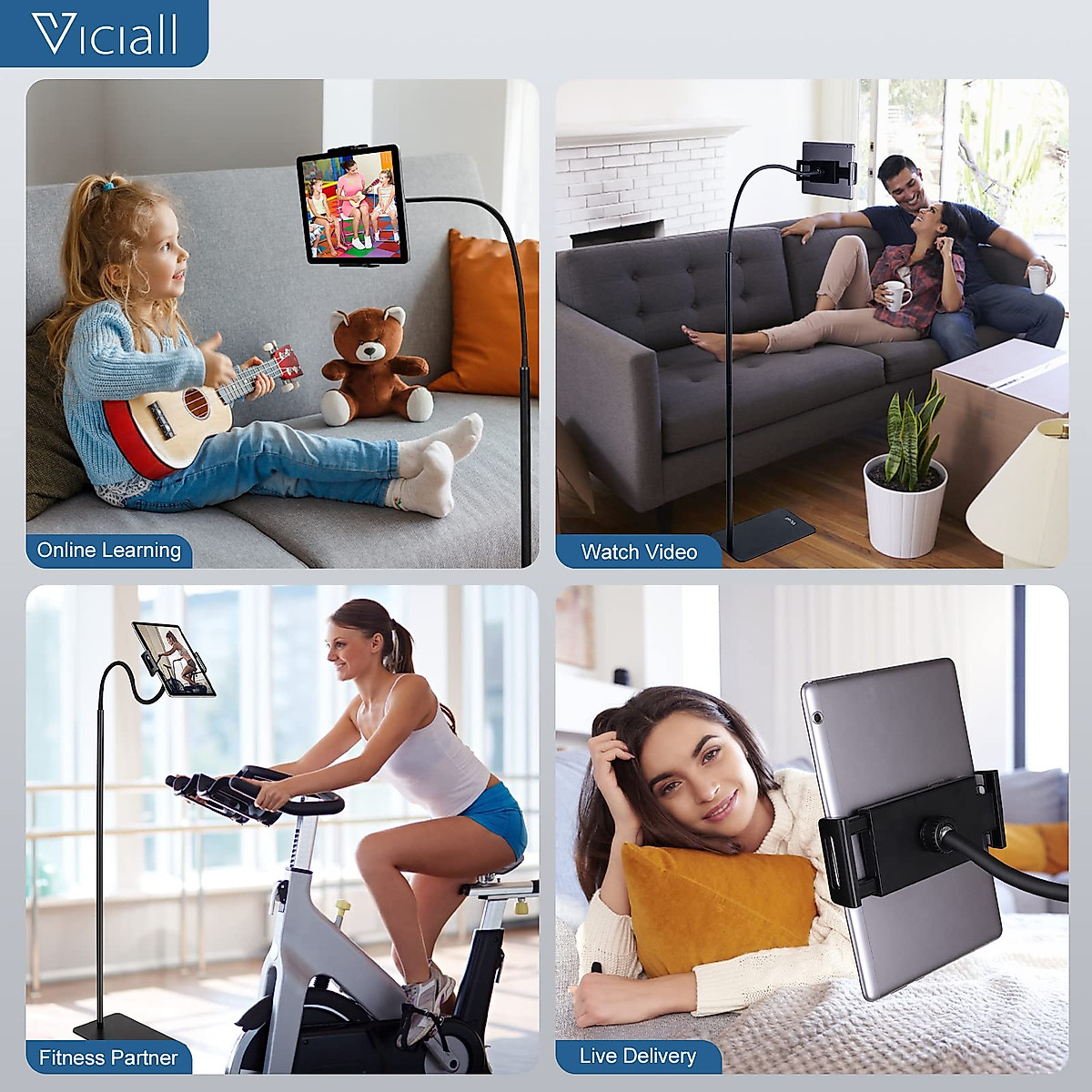 VICIALL Tablet Stand Adjustable, Gooseneck Swivel Tablet Holder Mount with Adjustable Height & Heavy Duty Stable Base, Compatible with iPad Mini, Galaxy Tab, Kindle, Cell Phones
