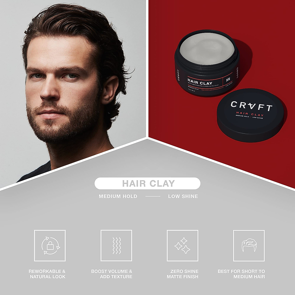 CRVFT Hair Clay 2.8oz + Sea Salt Spray 6oz Men's Bundle - Medium + Light Hold - Matte + Natural Finish - Volume + Texture + Prestyler - Stylist Approved - Scented