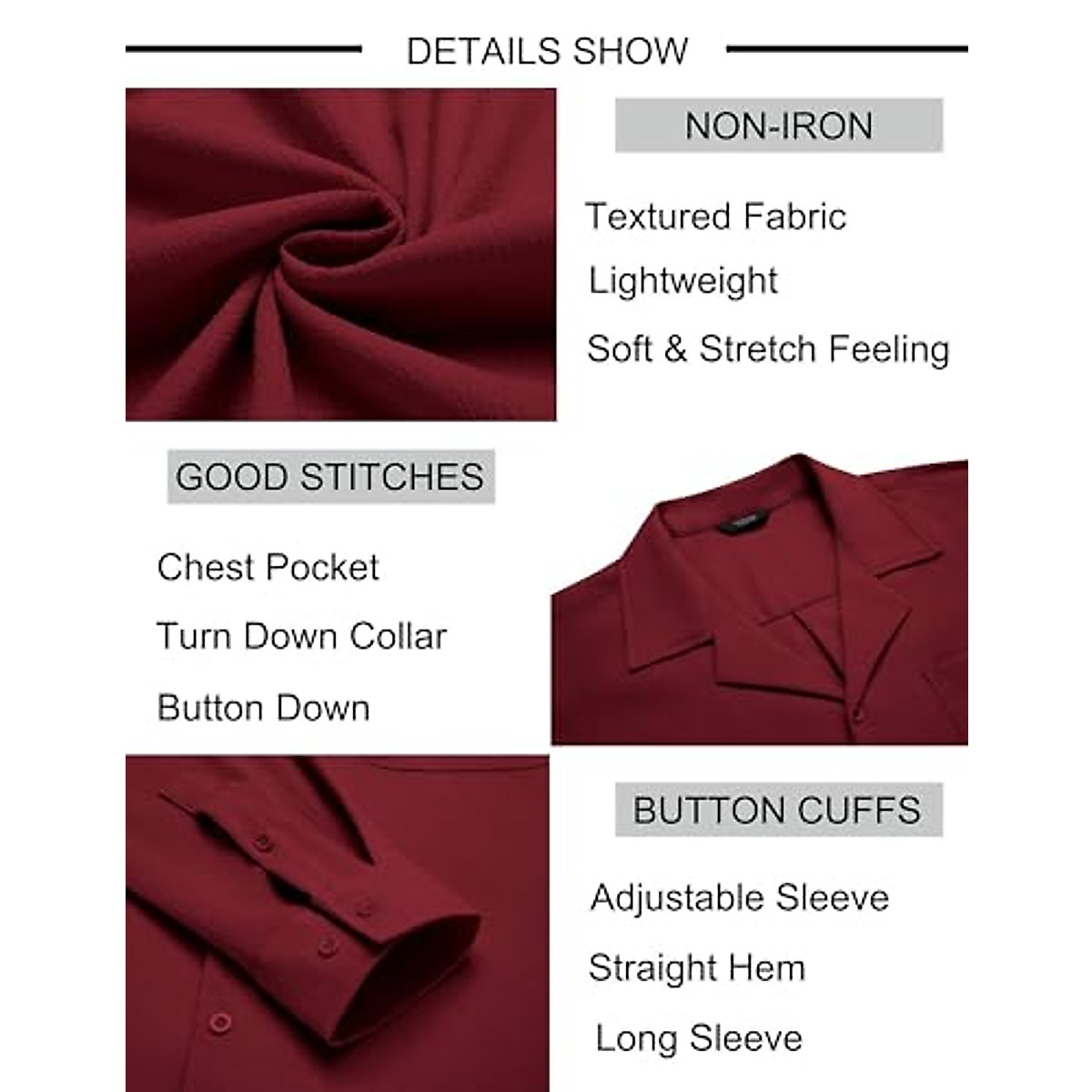 COOFANDY Casual Dress Shirts Men Untucked Button Down Shirts Beach Shirts Christmas Shirt Wine Red Large
