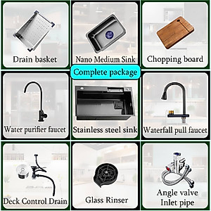 BIGYOUZI 30''Waterfall Kitchen Sink Black 304 Stainless Steel Waterfall Pull-Faucet Single Bowl Bar sinks Family Kitchen Sink with Full set Accessories (29.52''x17.7'')