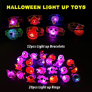 CCINEE Halloween Light up Party Favors Toys for kids, 32pcs 20 Rings+12 Bracelets LED Accessories Glow in the Dark Toys Rubber Ghost Pumpkin Skeleton for Halloween Party Supplies Decorations Gift