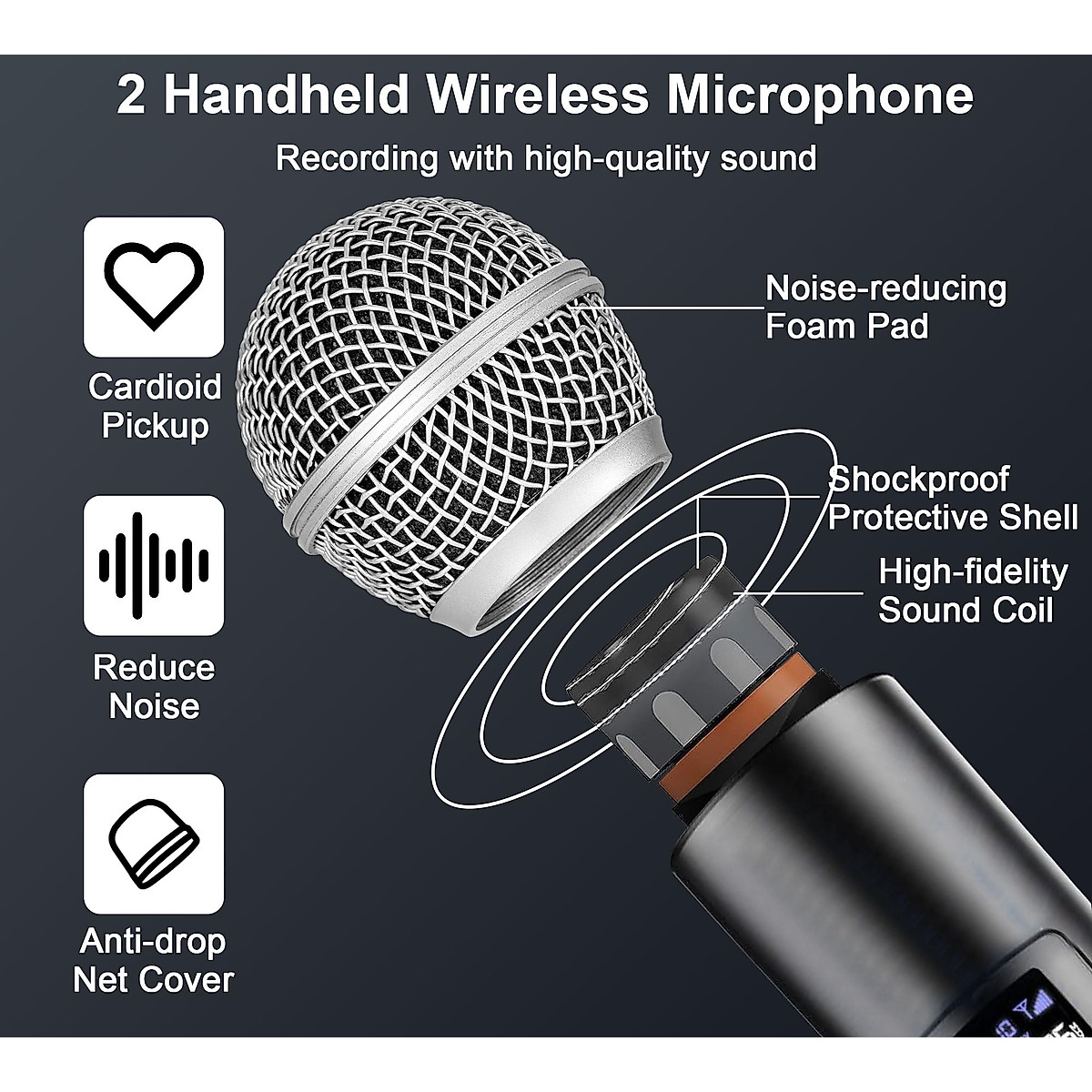 ALPOWL Wireless Microphone, UHF Dual Handheld Cordless Microphone with Rechargeable Receiver, 40H Duration, 200ft Range, Microphone for Singing, Karaoke, Church, Speech, Wedding, Party Singing