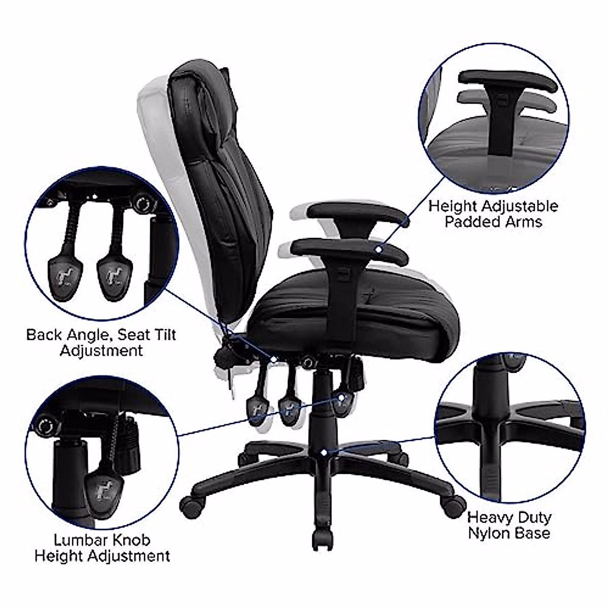 High Back Black LeatherSoft Multifunction Executive Swivel Ergonomic Office Chair with Lumbar Support Knob with Arms